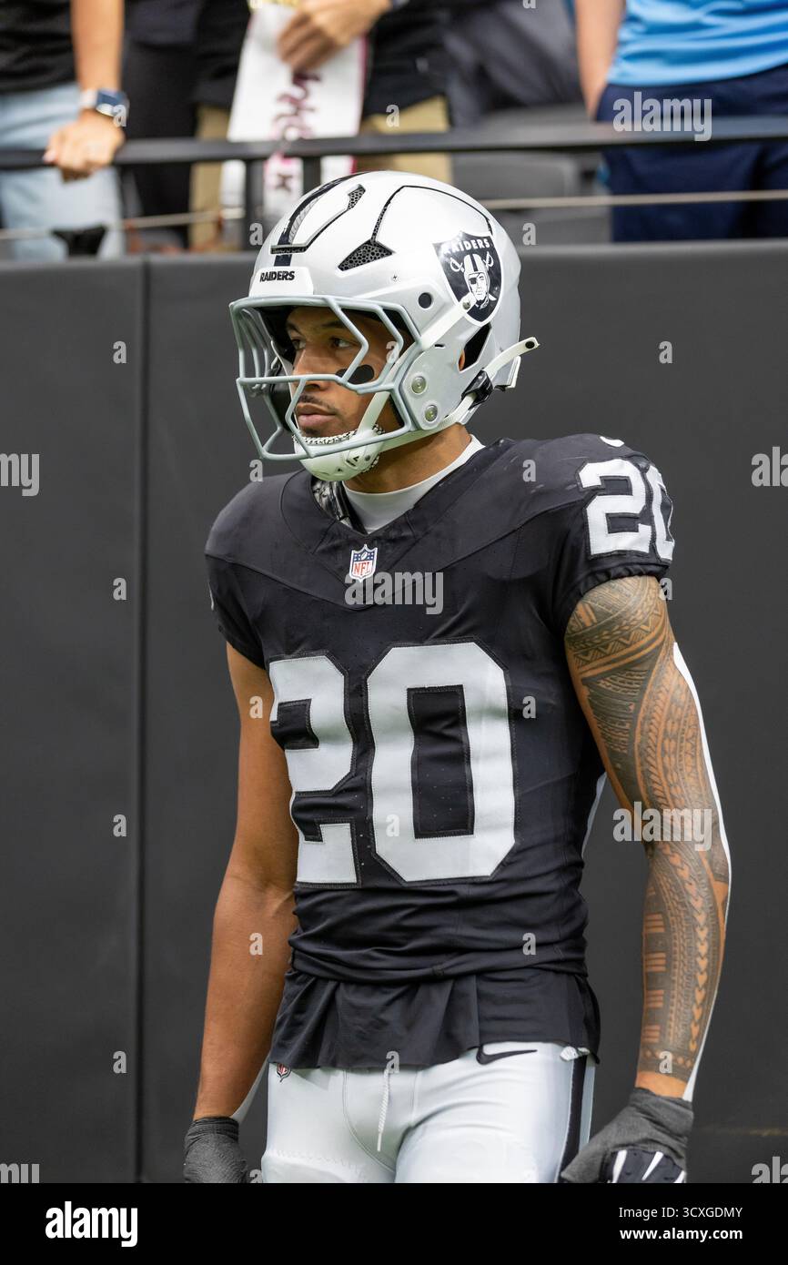 Las Vegas Raiders safety Isaiah Pola-Mao (20) enters the field during player introductions ...