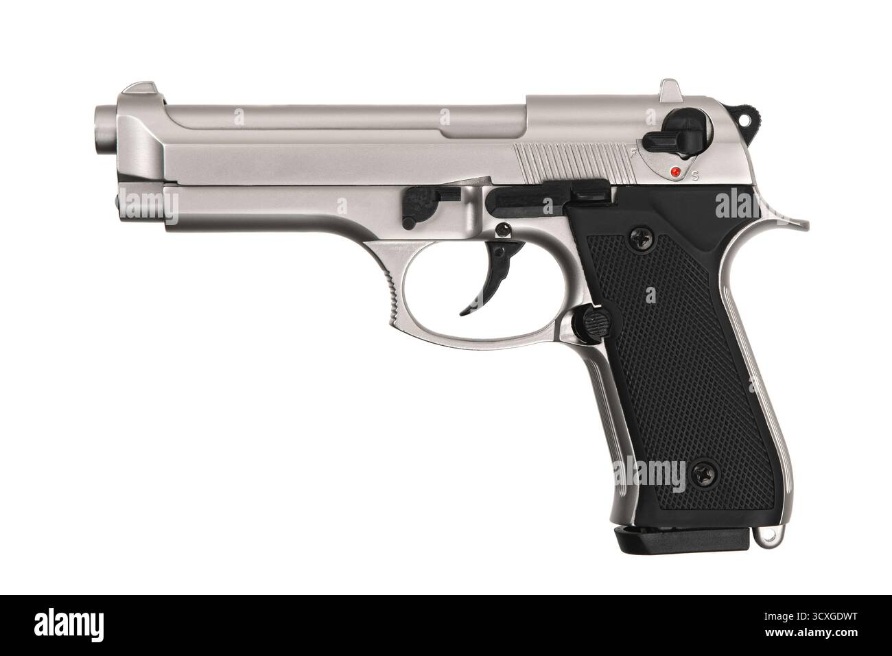 Full-sized chrome semi-automatic pistol with black grip isolated on ...