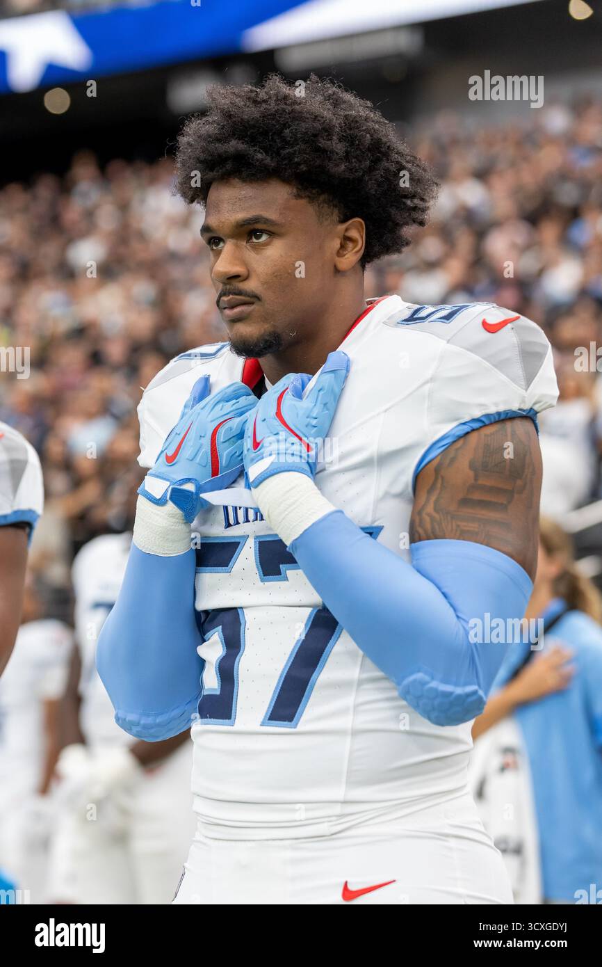 Tennessee Titans linebacker Curtis Jacobs (57) stands for the national ...