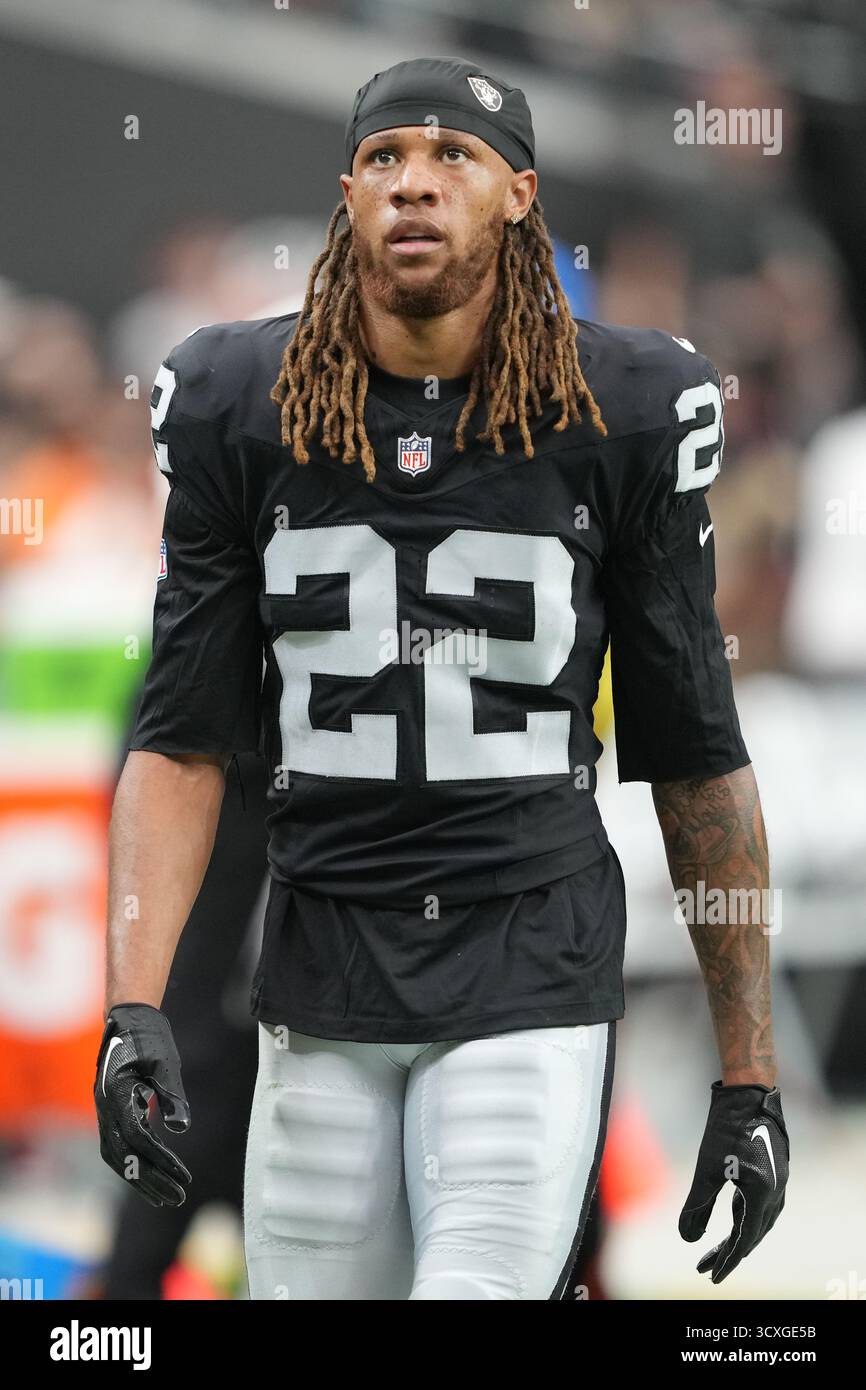Las Vegas Raiders cornerback Eric Stokes (22) before an NFL football ...