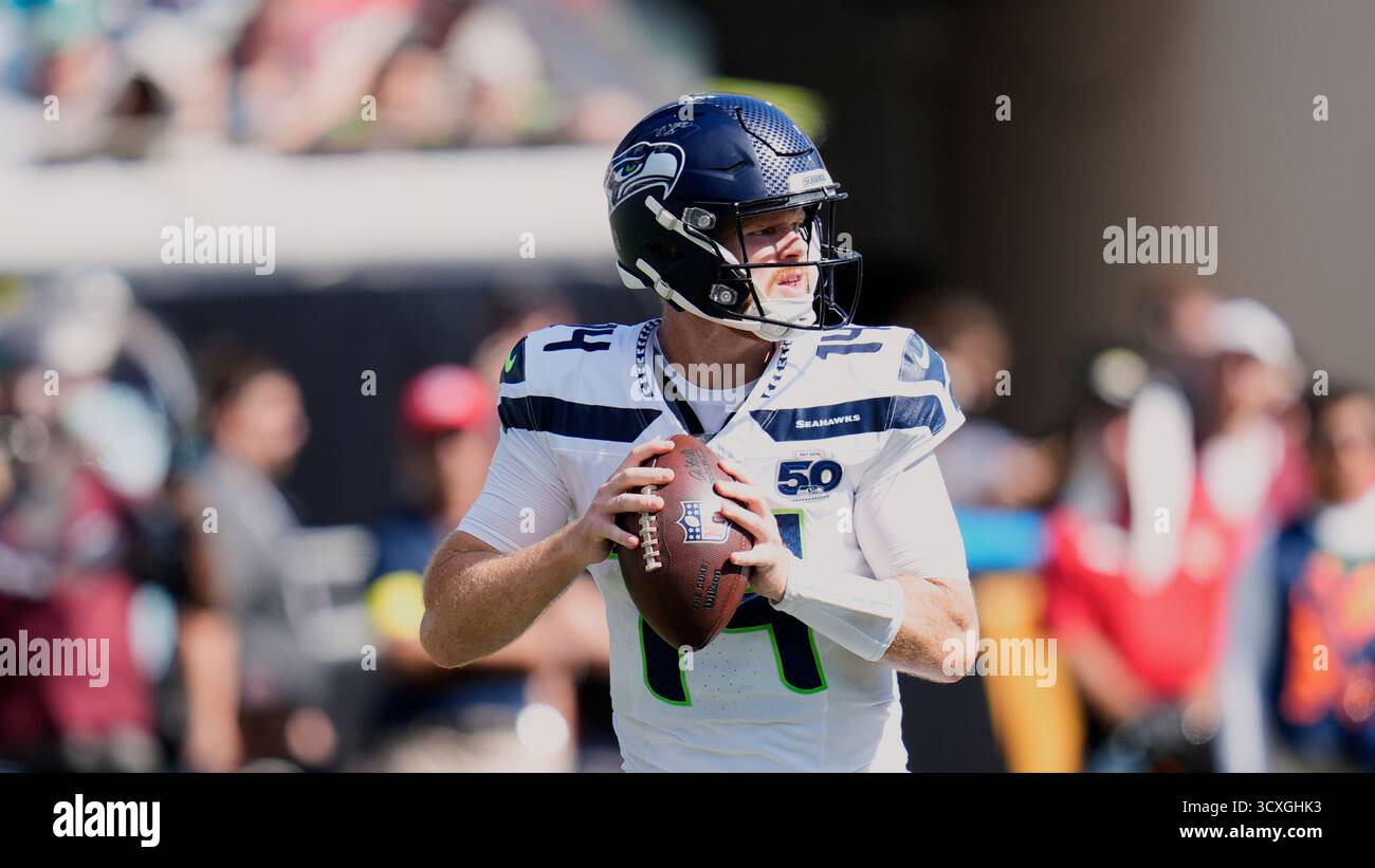 Seattle Seahawks quarterback Sam Darnold looks for a receiver against ...