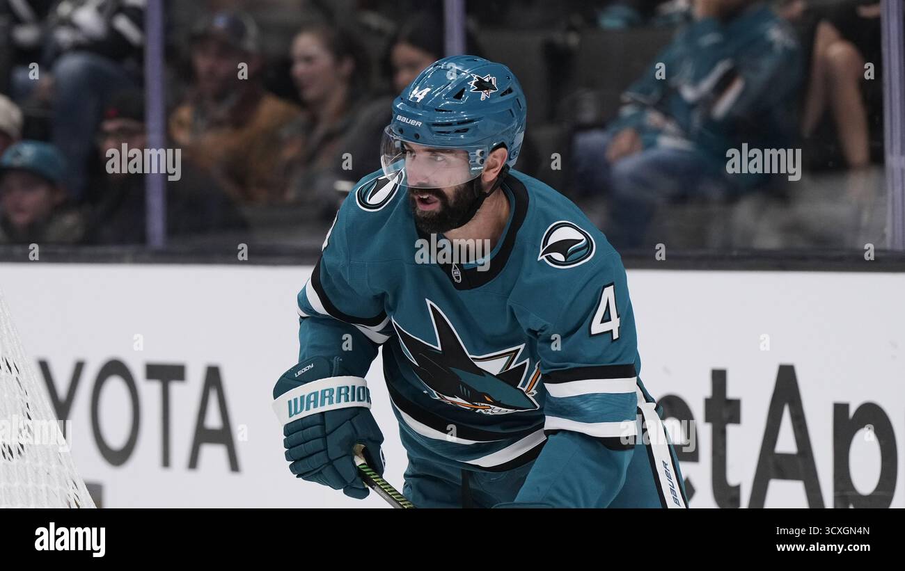 San Jose Sharks defenseman Nick Leddy moves the puck during the second ...