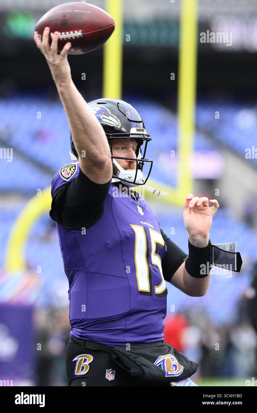 Baltimore Ravens quarterback Cooper Rush (15) warms up before an NFL ...