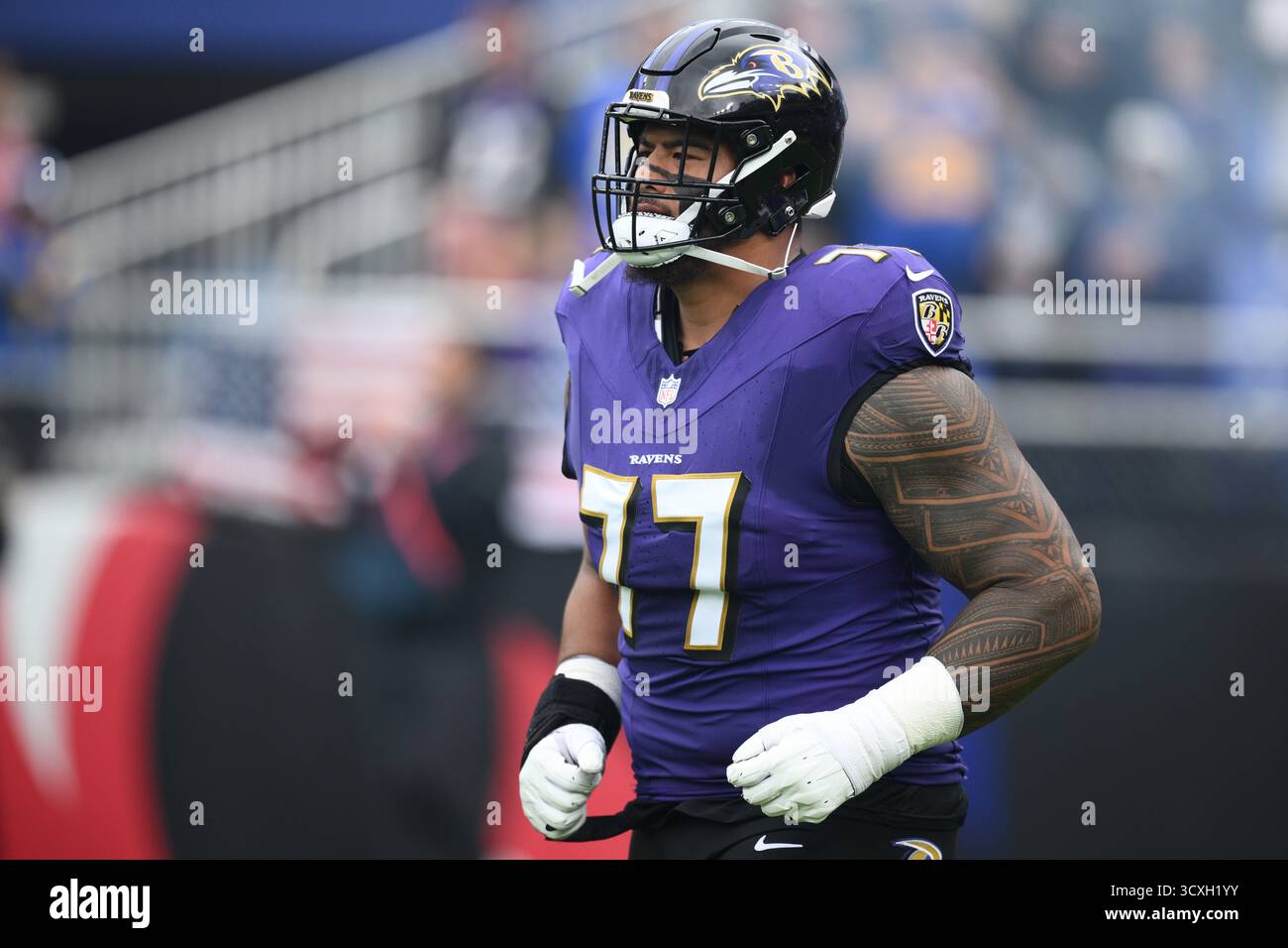 Baltimore Ravens guard Daniel Faalele (77) takes to the field before an ...