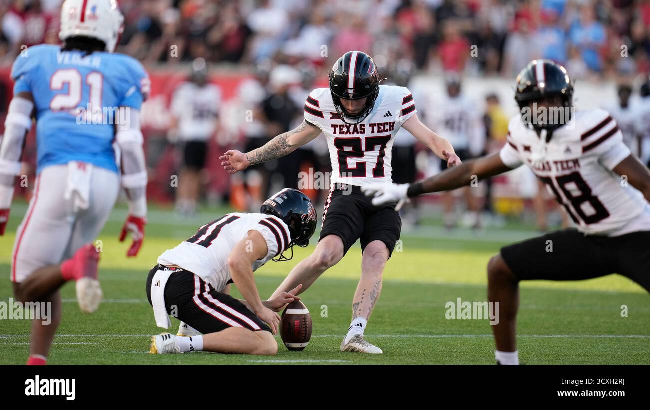 Texas Tech kicker Upton Bellenfant (27) kicks a field goal against ...