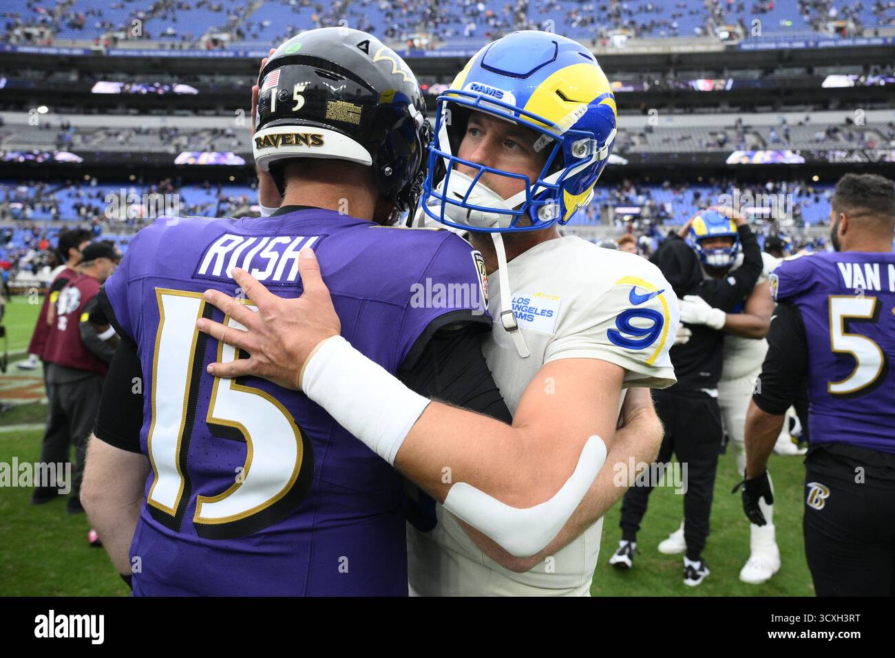 Baltimore Ravens quarterback Cooper Rush (15) and Los Angeles Rams ...
