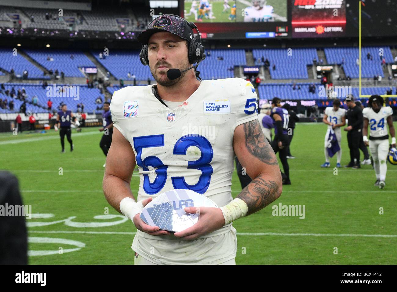 Los Angeles Rams linebacker Nate Landman is interviewed following an ...