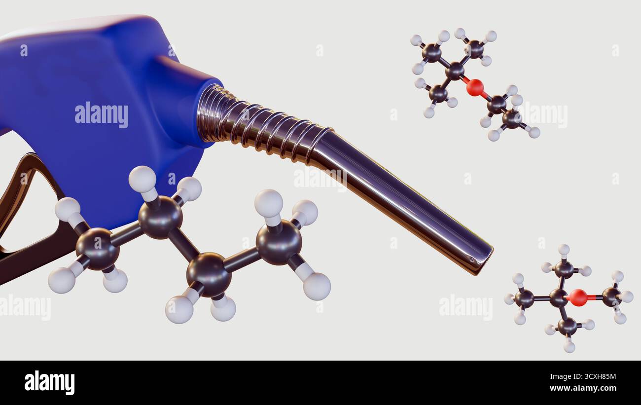 A 3D image displays a gas pump nozzle with molecular structures of fuel ...