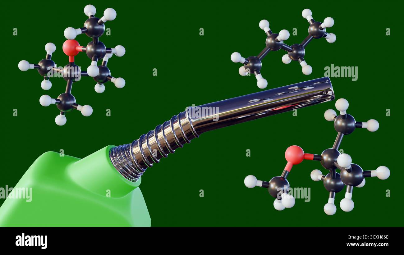 A 3D image displays a gas pump nozzle with molecular structures of fuel ...