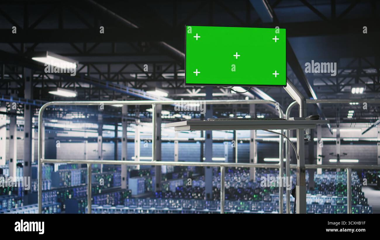 Elevated industrial data center control station green screen display ...