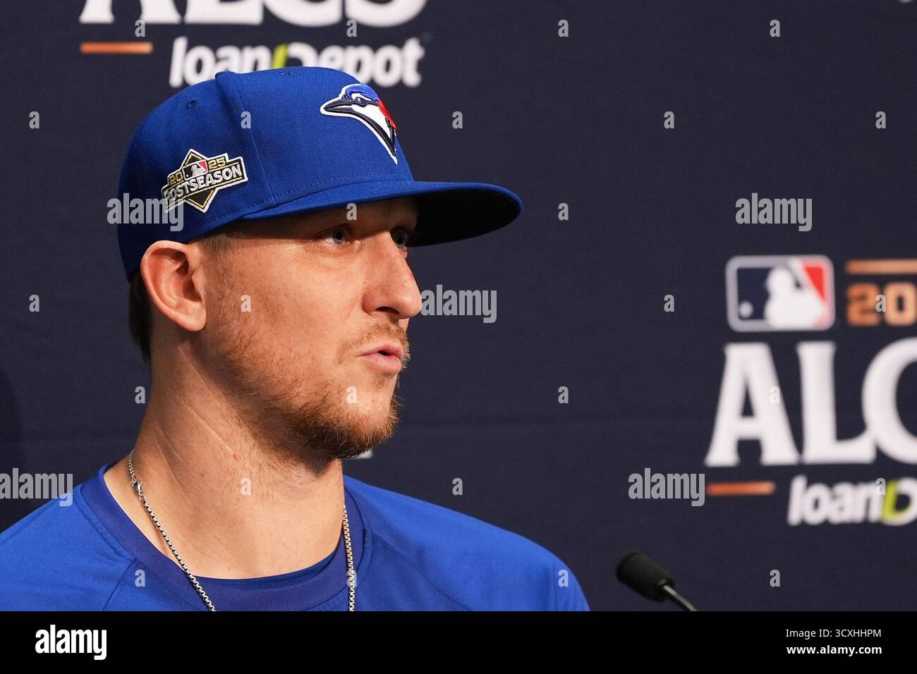 Toronto Blue Jays pitcher Jeff Hoffman speaks during a media availability the day before Game 3 ...