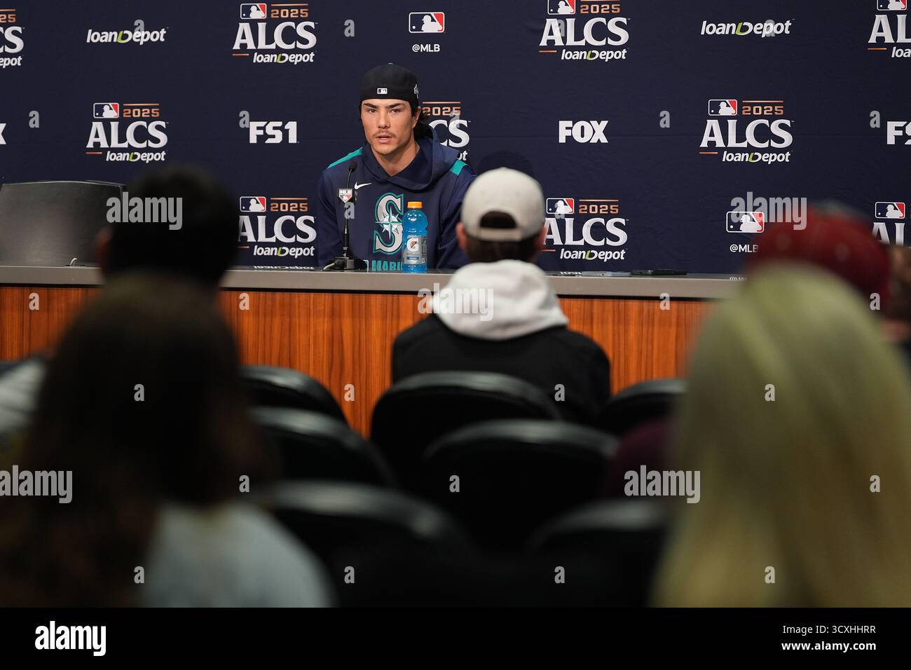 Seattle Mariners pitcher Bryan Woo speaks during a media availability ...
