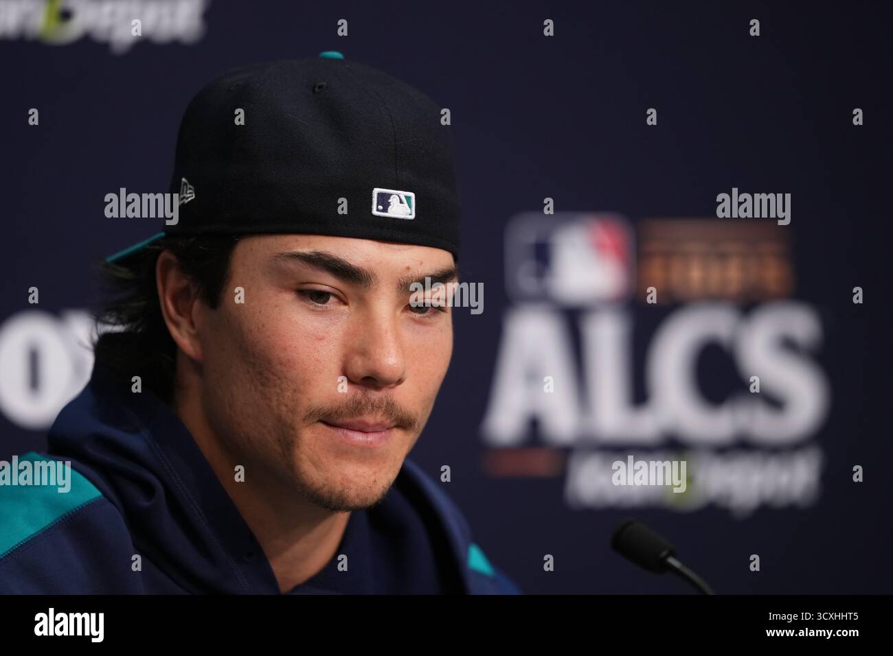 Seattle Mariners pitcher Bryan Woo speaks during a media availability ...