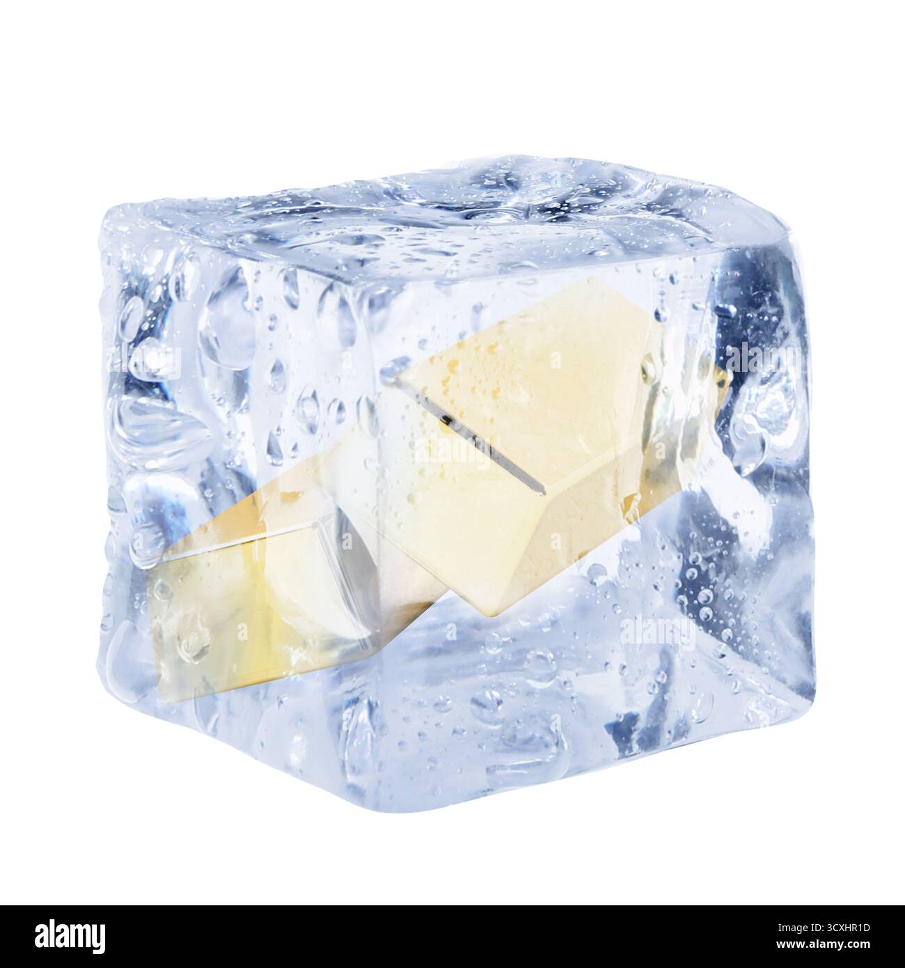 Gold bars in ice cube on white background. Frozen money Stock Photo - Alamy