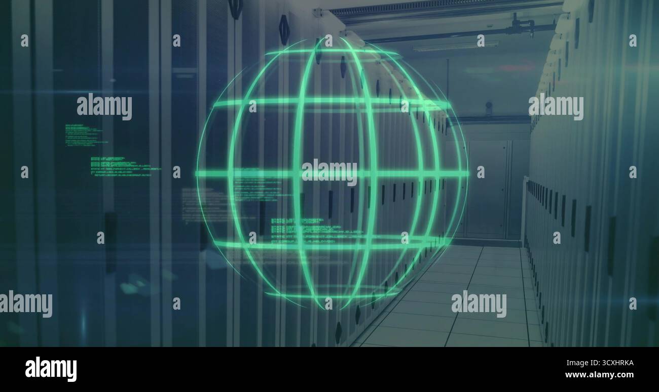 Floating green holographic sphere displaying code in server room aisle ...