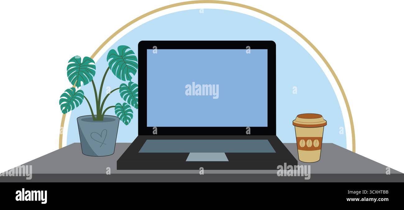 Workplace desk laptop plant Cut Out Stock Images & Pictures - Alamy
