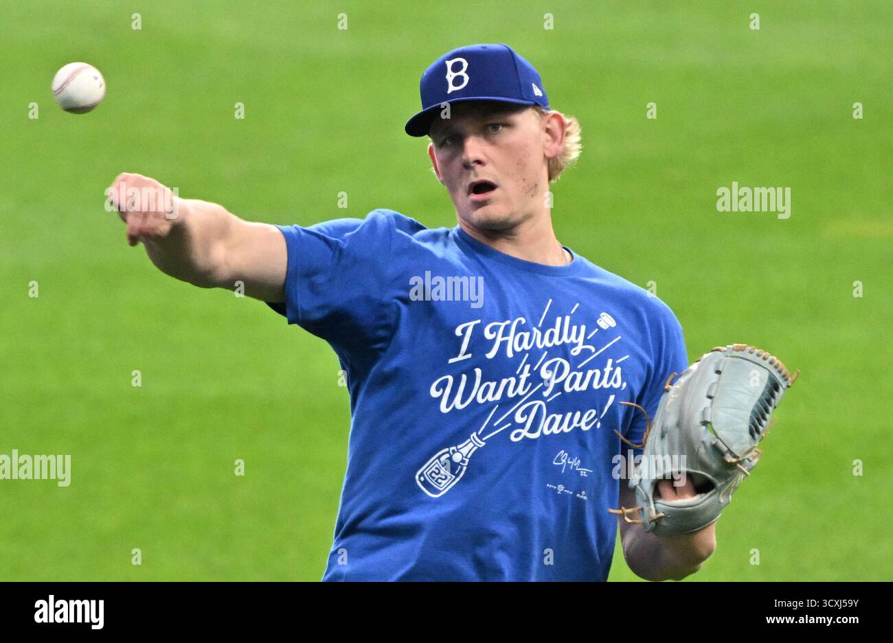 Los Angeles Dodgers pitcher Emmet Sheehan throws a ball during practice ...