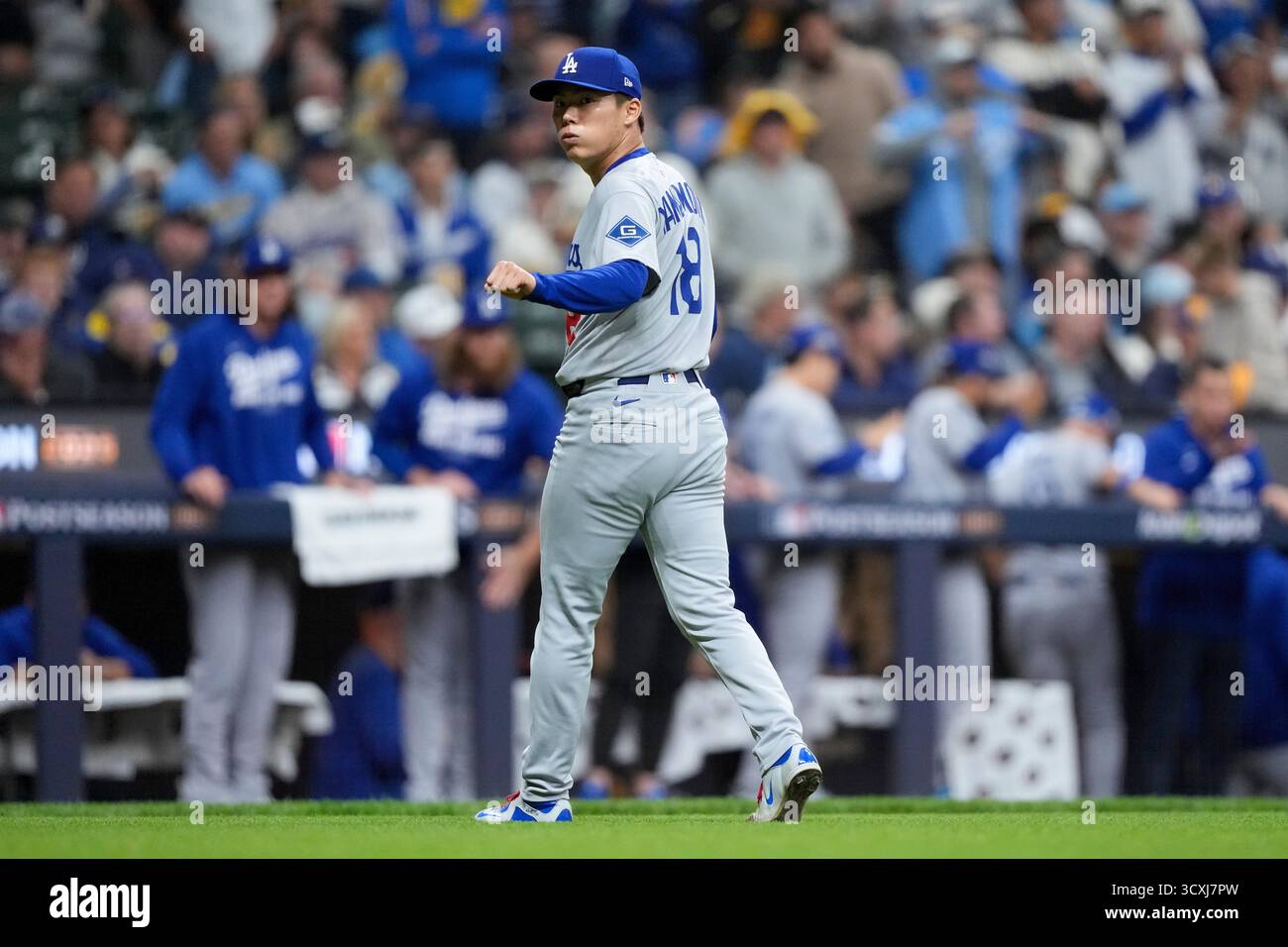 Los Angeles Dodgers pitcher Yoshinobu Yamamoto celebrates the end of ...