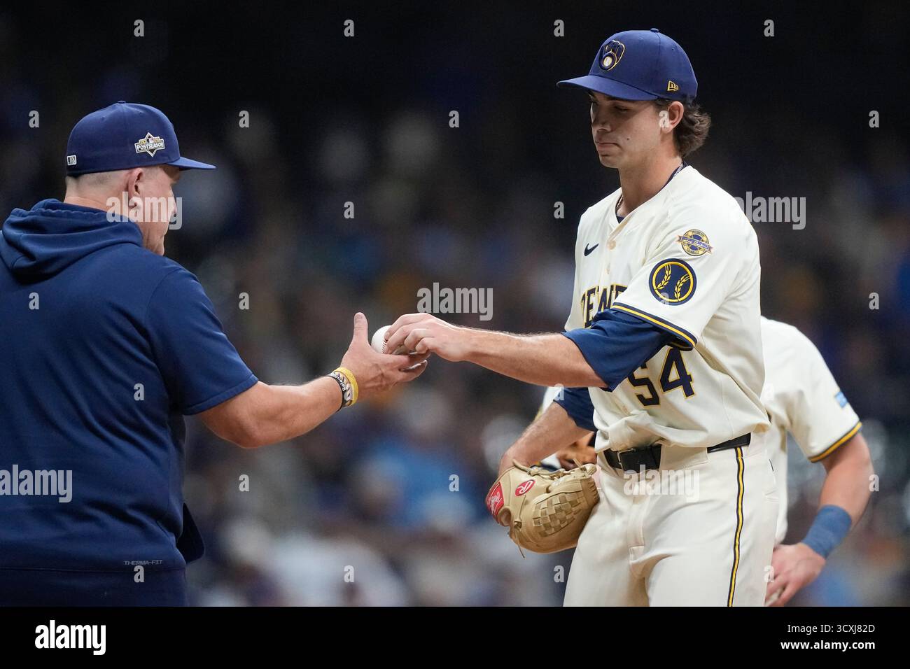 Milwaukee Brewers pitcher Robert Gasser leaves the game against the Los ...