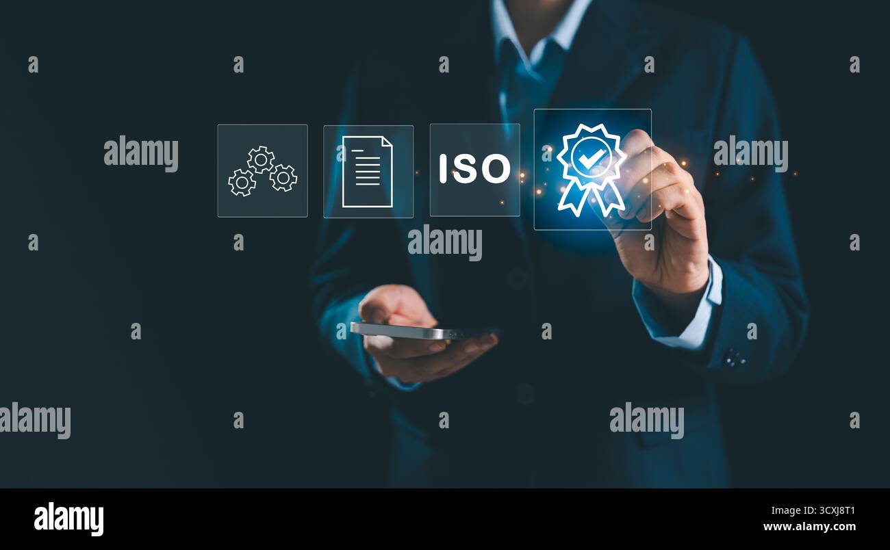 Person touching certificate icon represents concept of certification ...