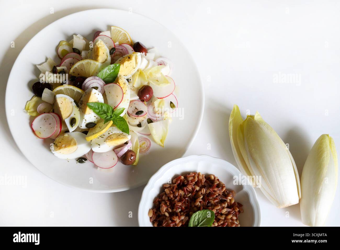 Fresh salad with endive, boiled eggs, radish, onion, olives, lemon ...