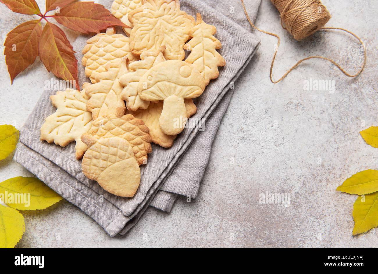 Homemade autumn cookies with fall leaves and twine on a rustic ...
