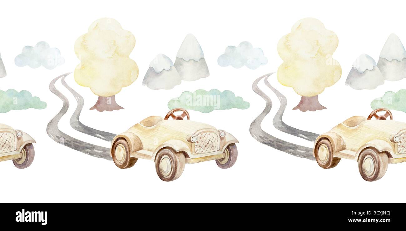Wooden toy car, road, tree and mountains seamless border. Hand drawn ...