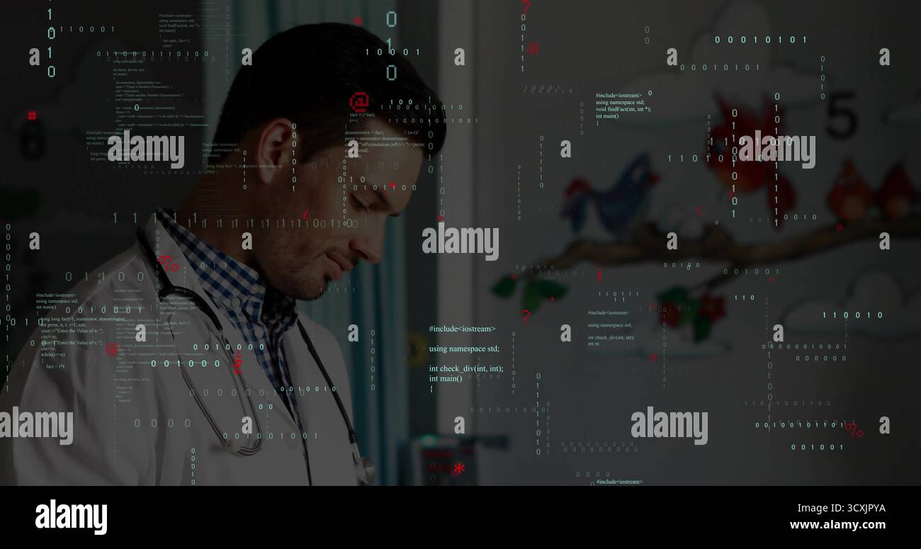 Standing physician wearing coat in pediatric ward with cartoon decals ...