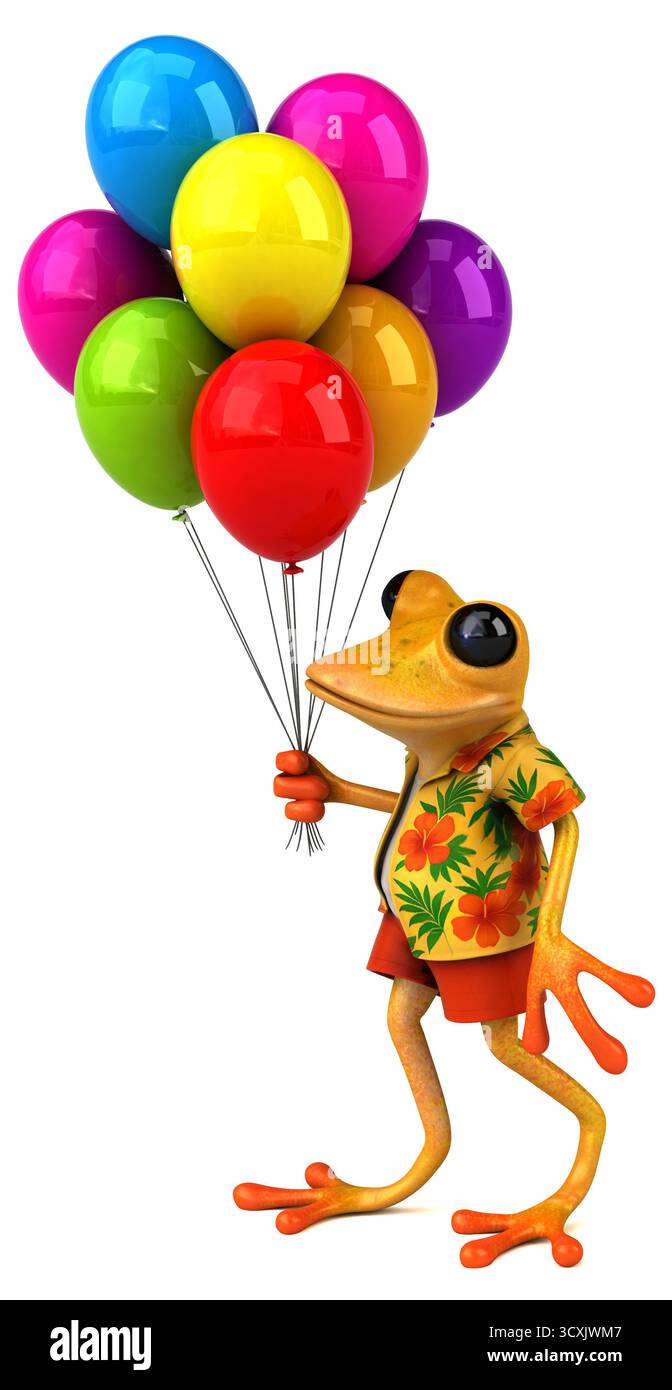 Fun 3D cartoon frog with balloons illustration Stock Photo - Alamy
