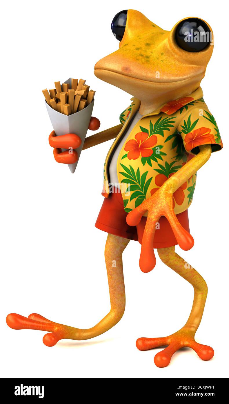 Fun 3D cartoon frog with french fries illustration Stock Photo - Alamy