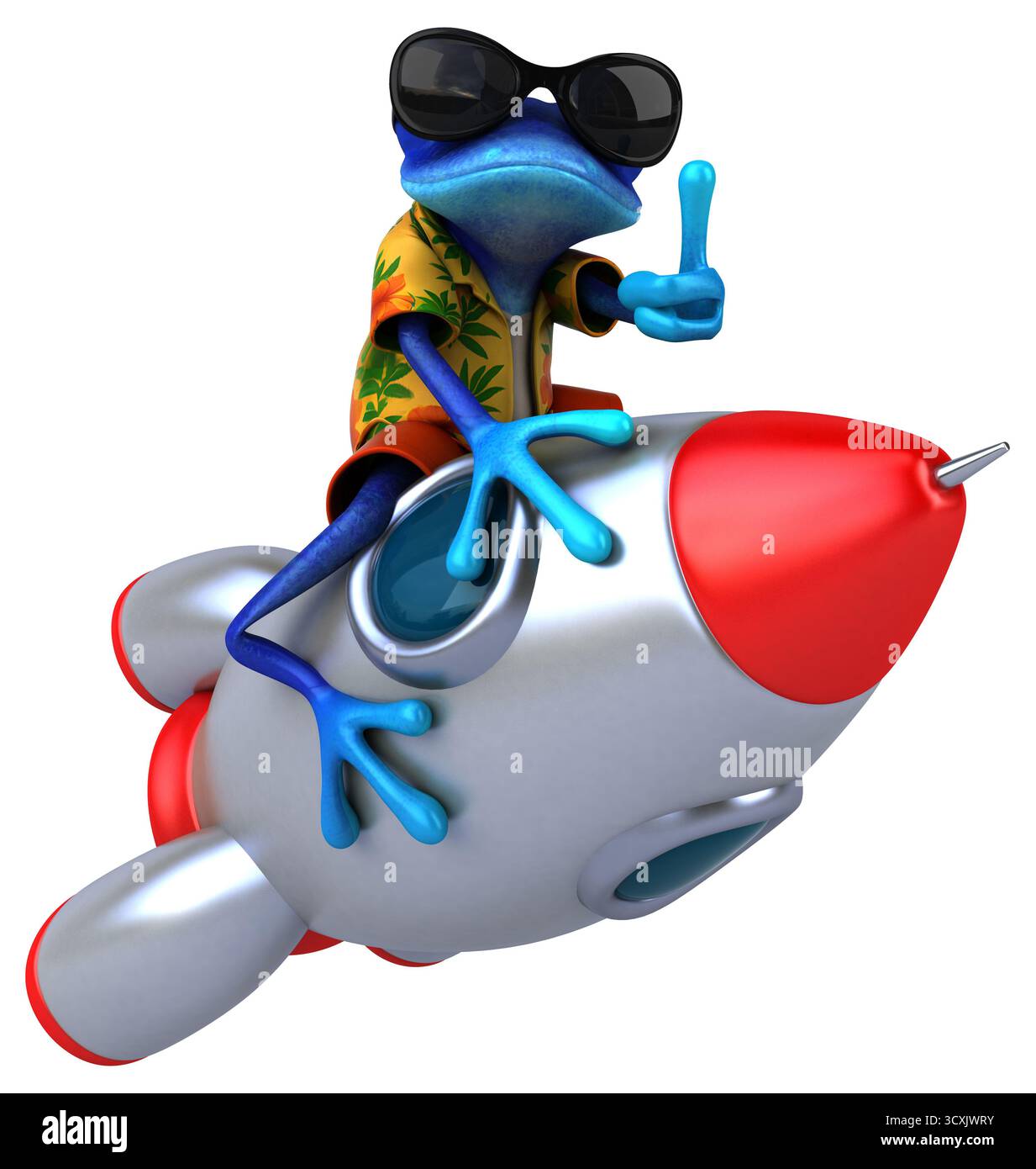 Fun 3D cartoon frog with a rocket illustration Stock Photo - Alamy