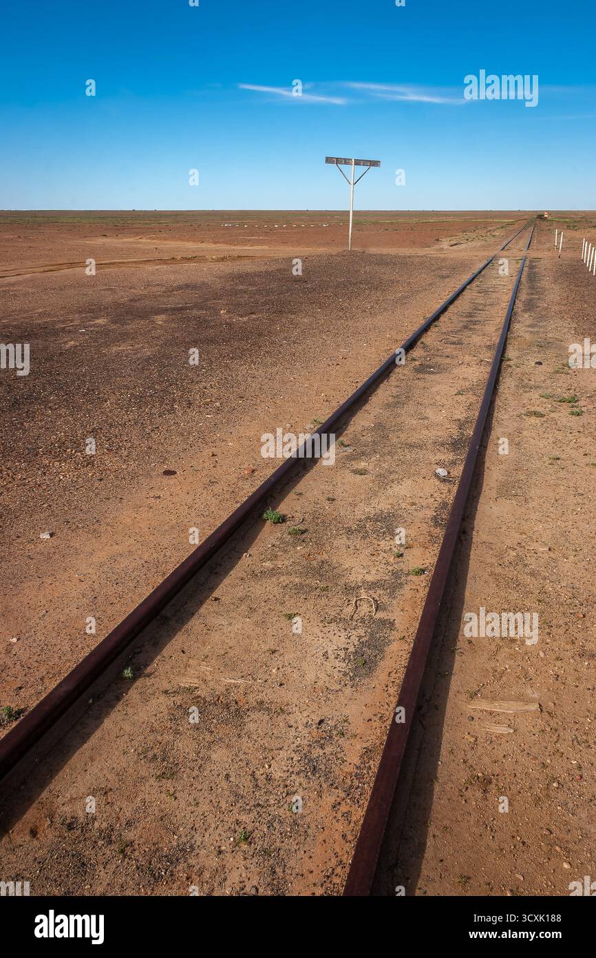Railway tracks extend into the South Australian desert near Marree ...