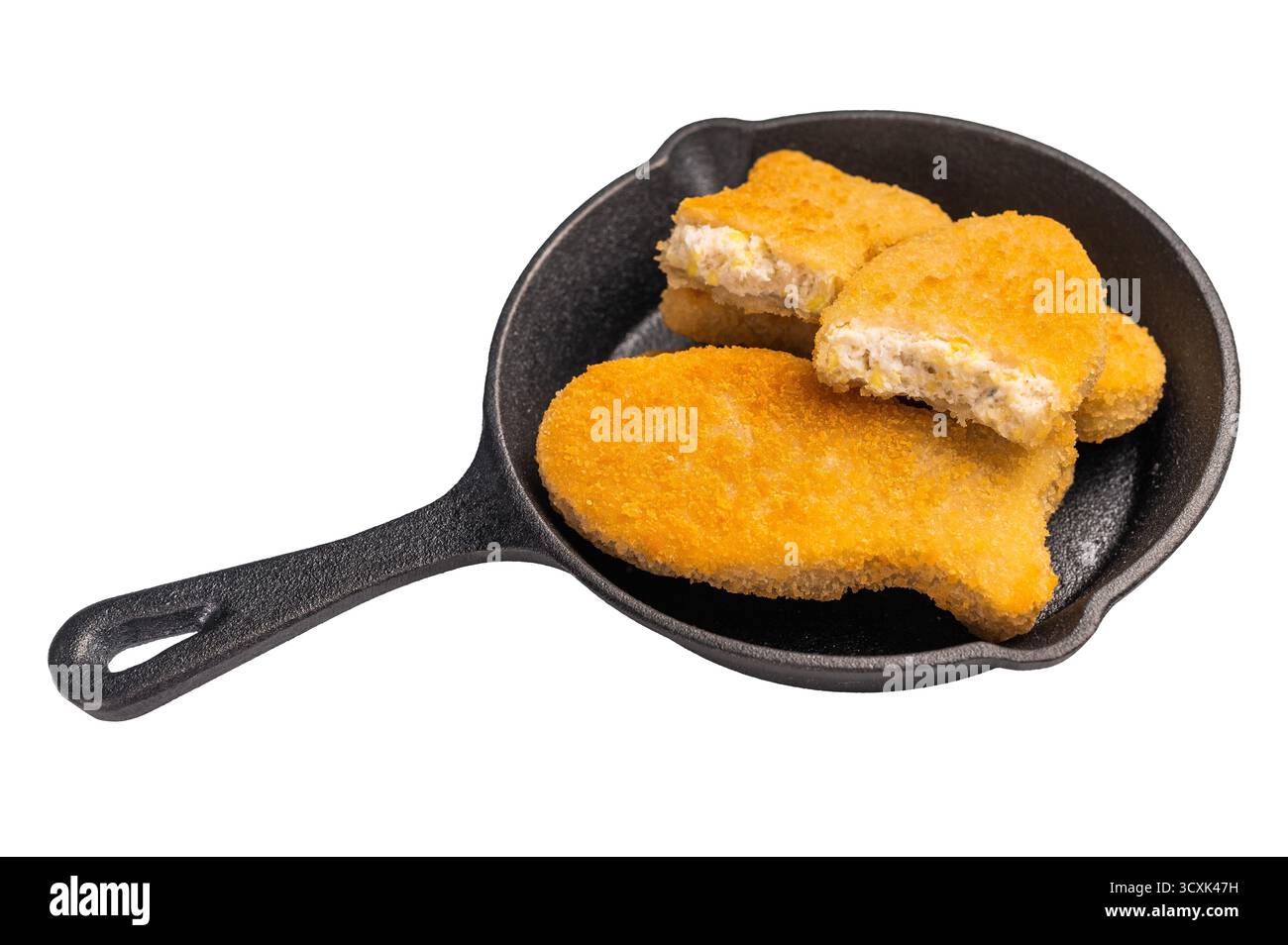 Breaded gold Fish sticks in pan isolated on white background. top view ...