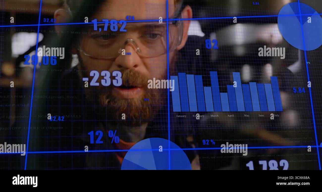 Bearded engineer with goggles analyzing data in lab, with bar chart and ...