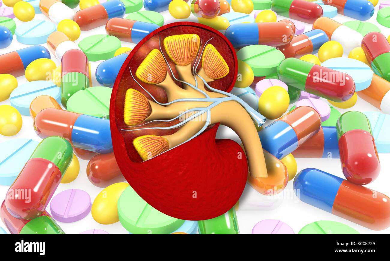 Kidney anatomy on medicine pills background. 3d illustration Stock ...