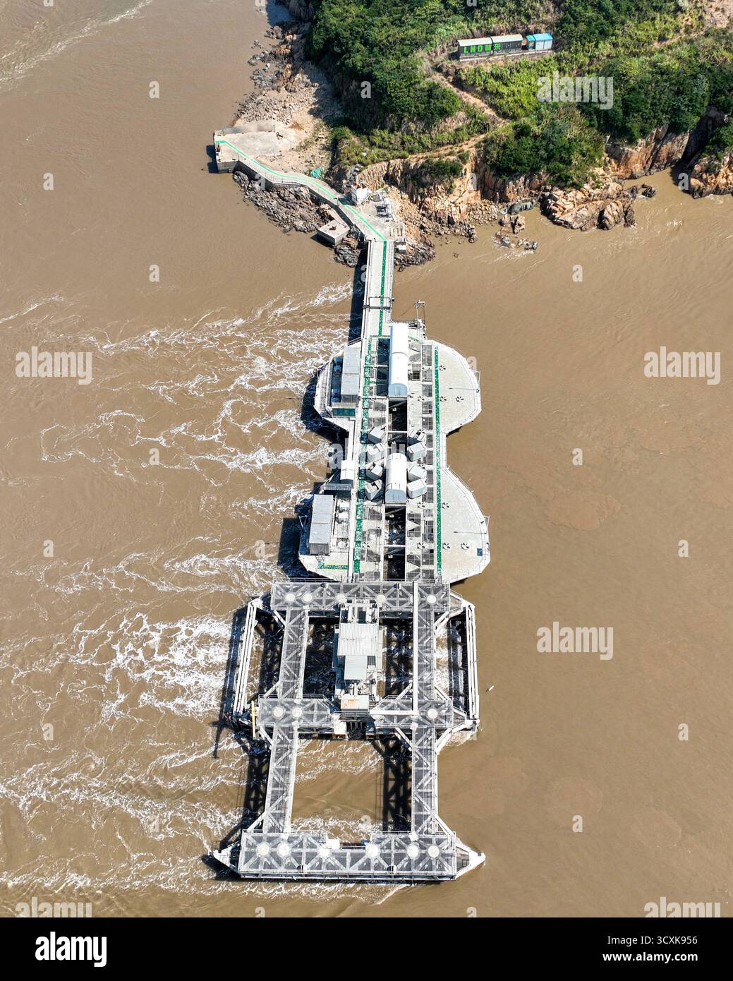 Aerial view of the LHD Zhoushan tidal current power station next to Xiushan Island in Daishan ...
