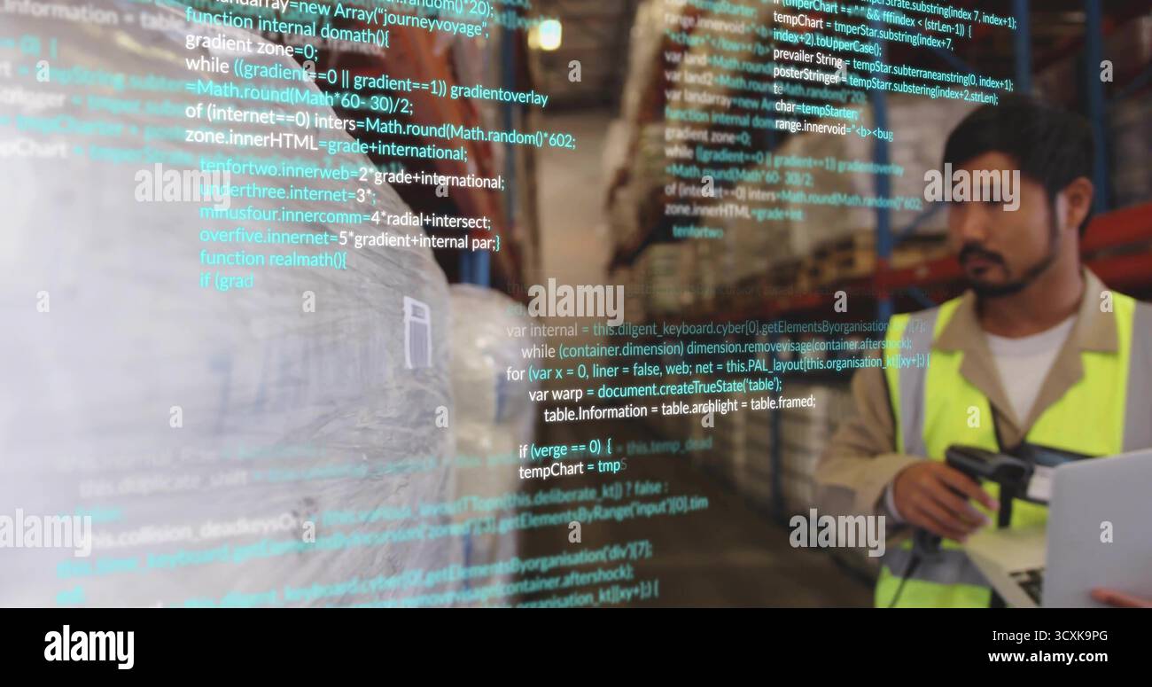 Operator wearing yellow vest scanning inventory holding scanner and ...