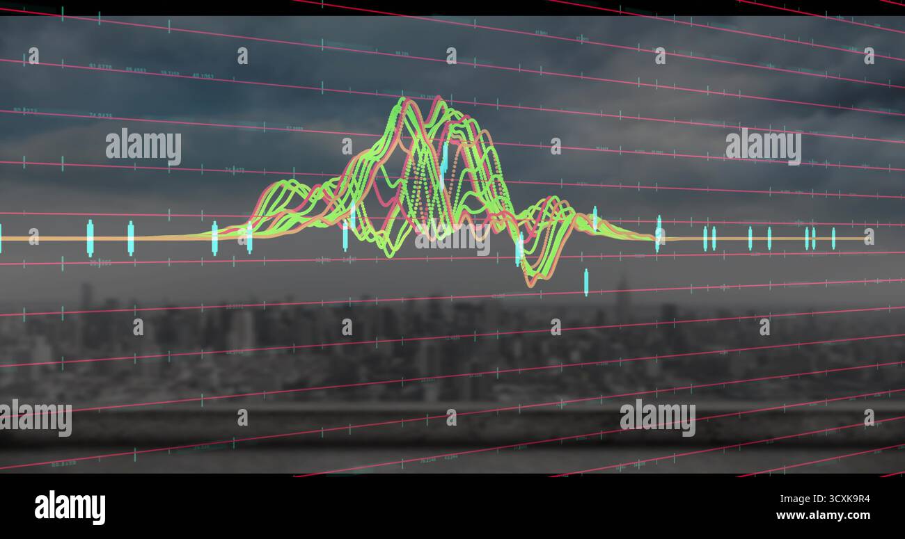 Displaying waveform over skyline at dusk, with pink gridlines ...