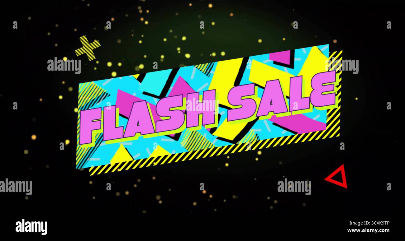 Displaying tilted sale banner, neon patterns, gold dots, yellow plus ...