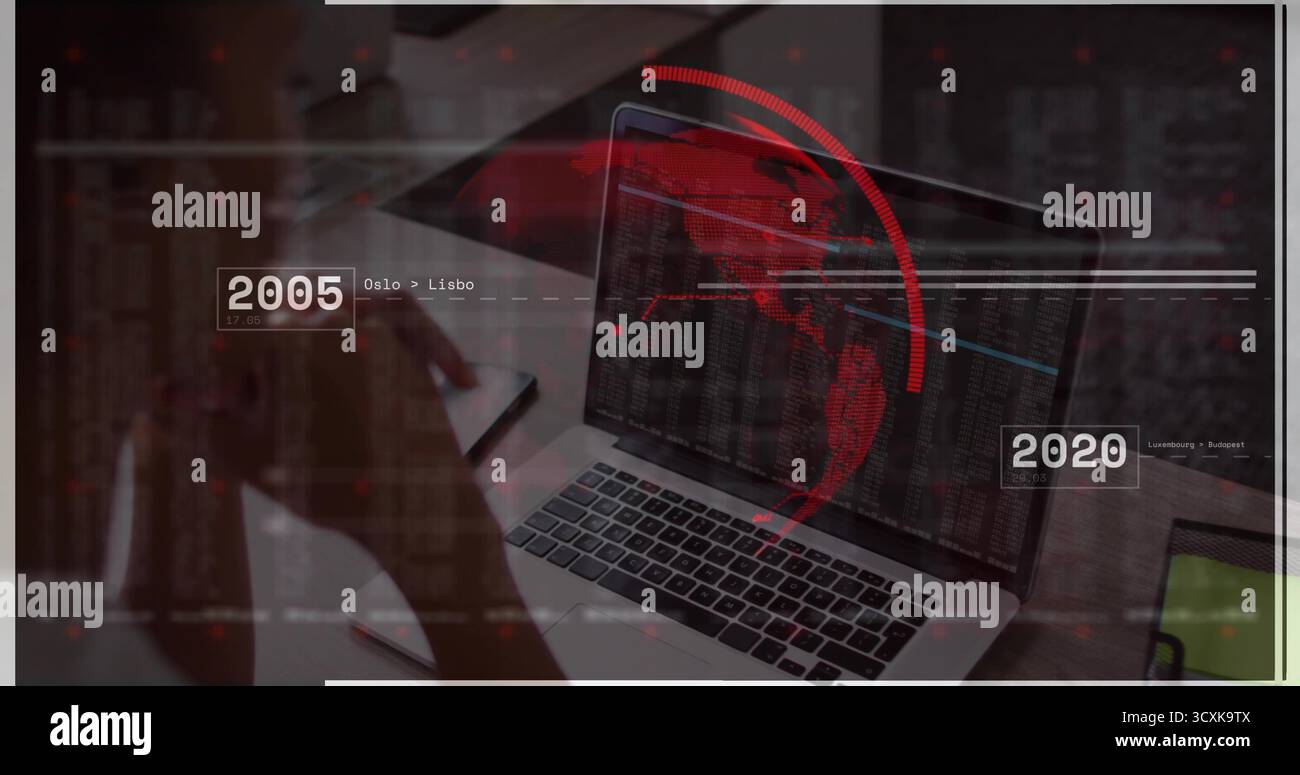Scanning adult woman analyzing alphanumeric data on laptop at office ...