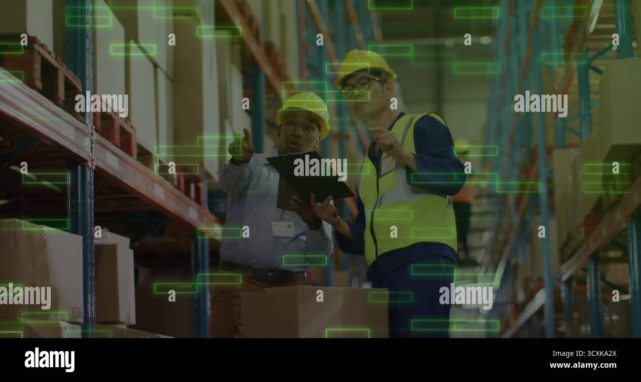 Warehouse workers scanning boxes in racks in distribution center with ...
