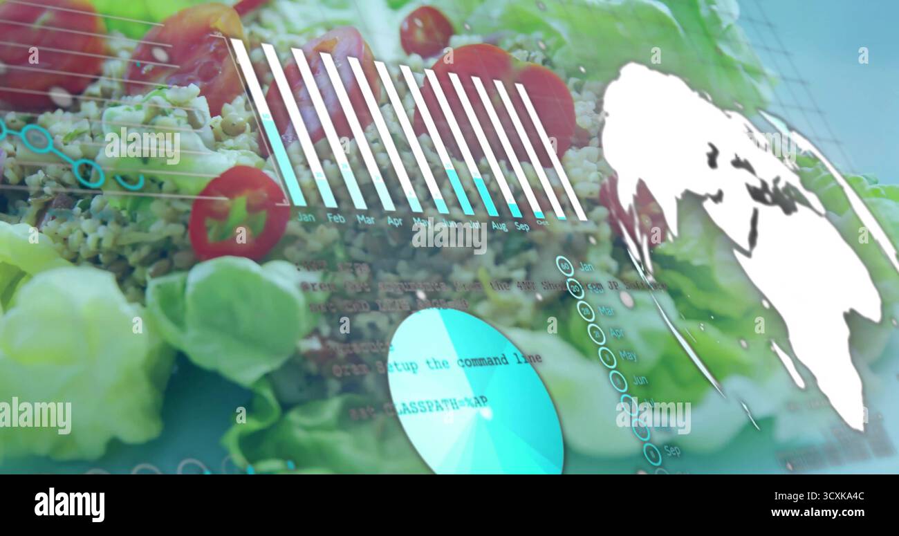 Showing bowl of lettuce and quinoa salad with overlays, bar chart ...