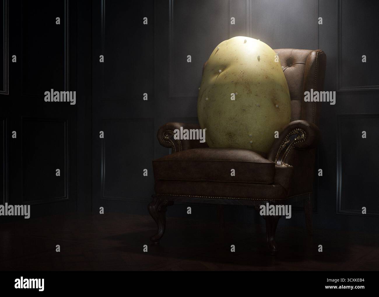 A literal depiction of a potato sitting on a vintage leather ...