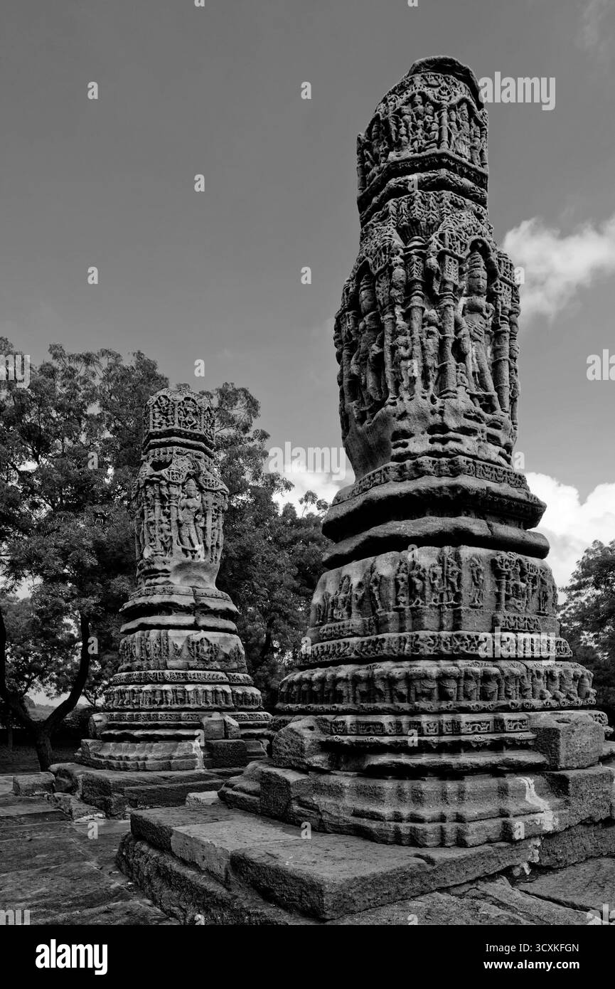 Black and white photo of A kirti-torana decorative pillars the ...