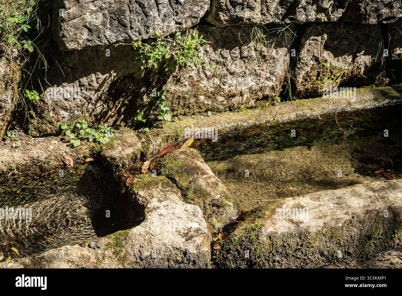 Clear, fresh spring water flowing into an old rustic stone trough in a ...