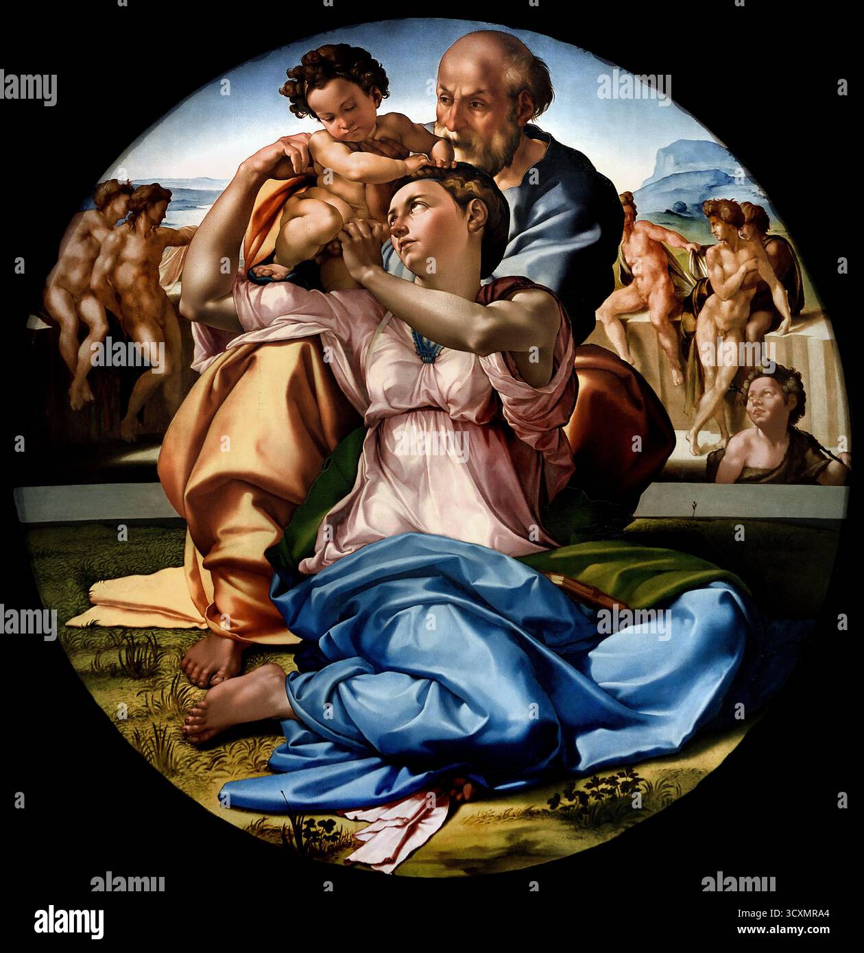 The Holy Family with infant St John the Baptist known as the Doni Tondo ...