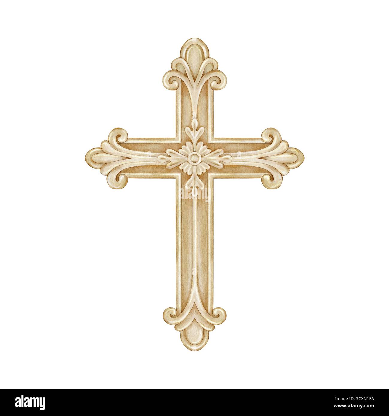 Christian cross with decorative details. Elegant isolated watercolor ...