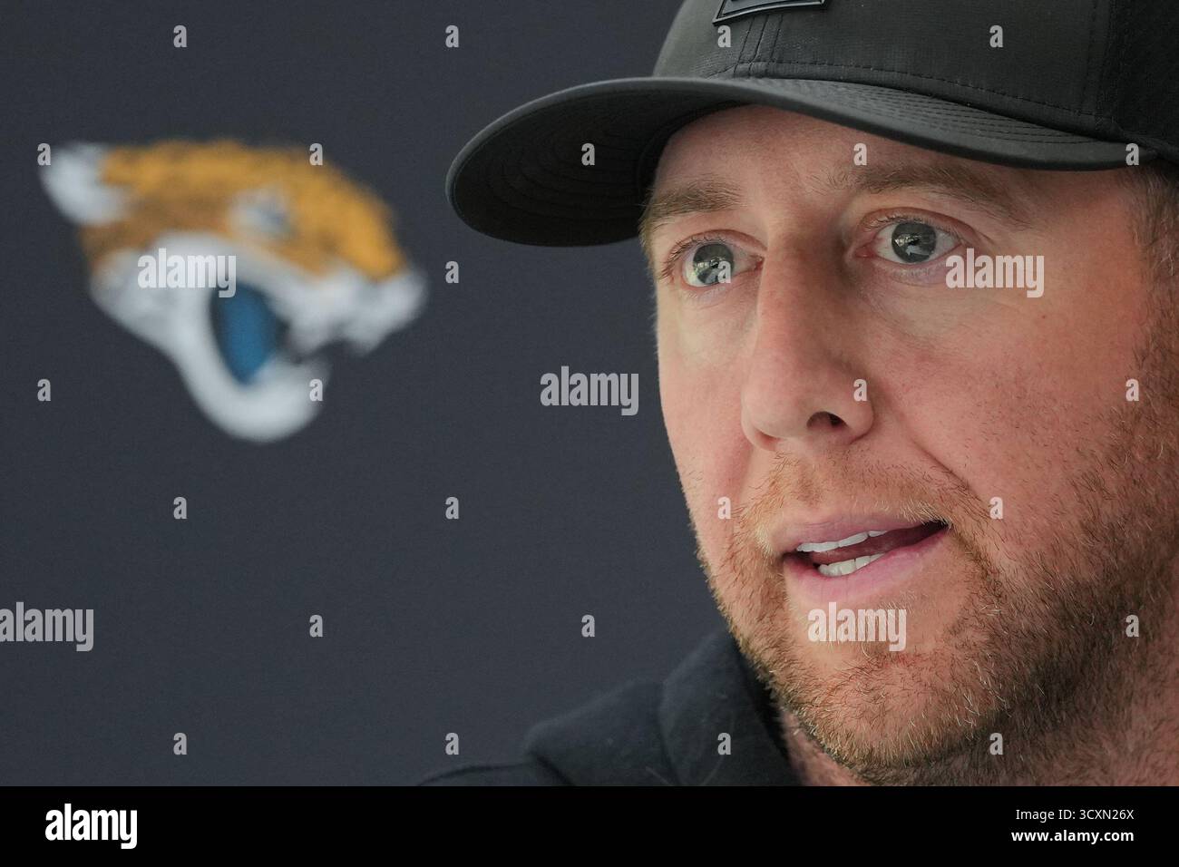 Jacksonville Jaguars head coach Liam Coen speaks during a press ...