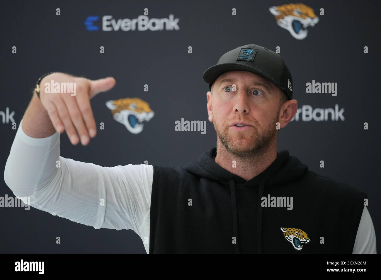 Jacksonville Jaguars head coach Liam Coen speaks during a press ...