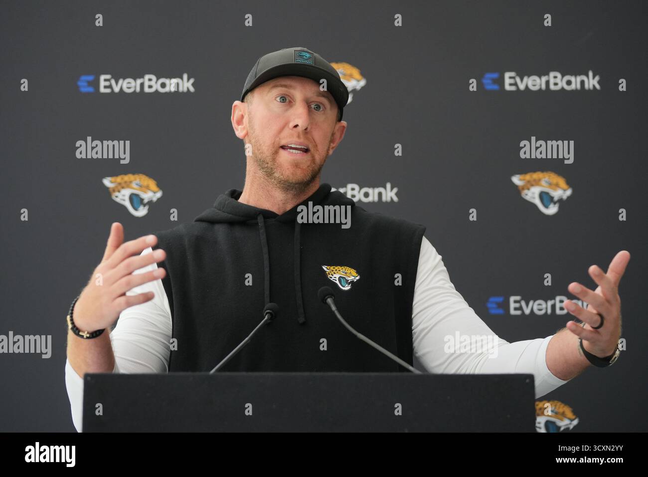 Jacksonville Jaguars head coach Liam Coen speaks during a press ...